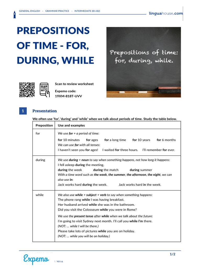 Prepositions of Time For During While | PDF | Language Mechanics ...