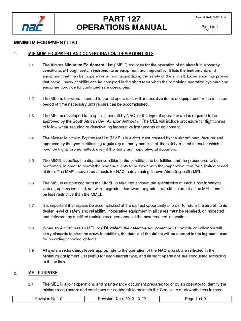 Minimum Equipment List (MEL) Overview | PDF | Flight Test | Aerospace