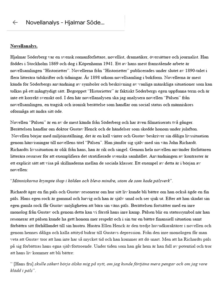 Novellanalys - Hjalmar Söderberg | PDF