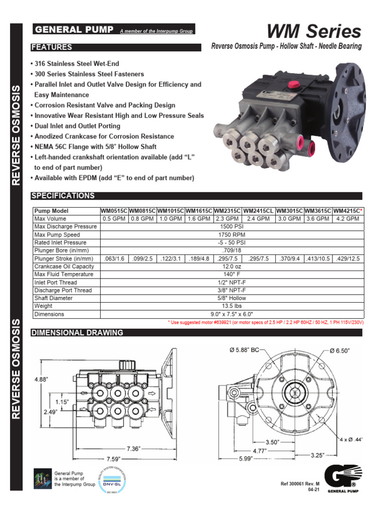 WM Series Reverse Osmosis Pump Specs | PDF | Pump | Rotating Machines