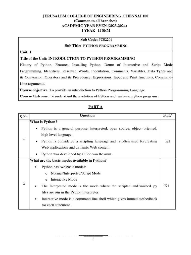 UNIT-I QUESTION BANK | PDF | Python (Programming Language) | Reserved Word