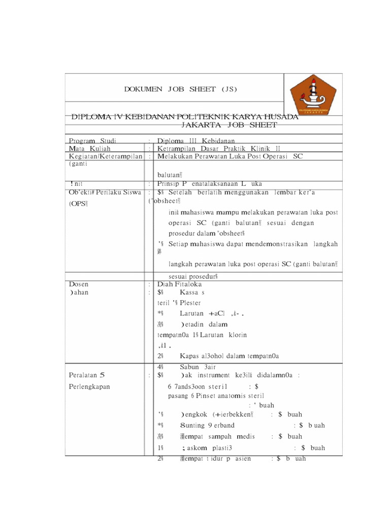 Job Sheet Perawatan Luka Post Operasi SC 2 | PDF