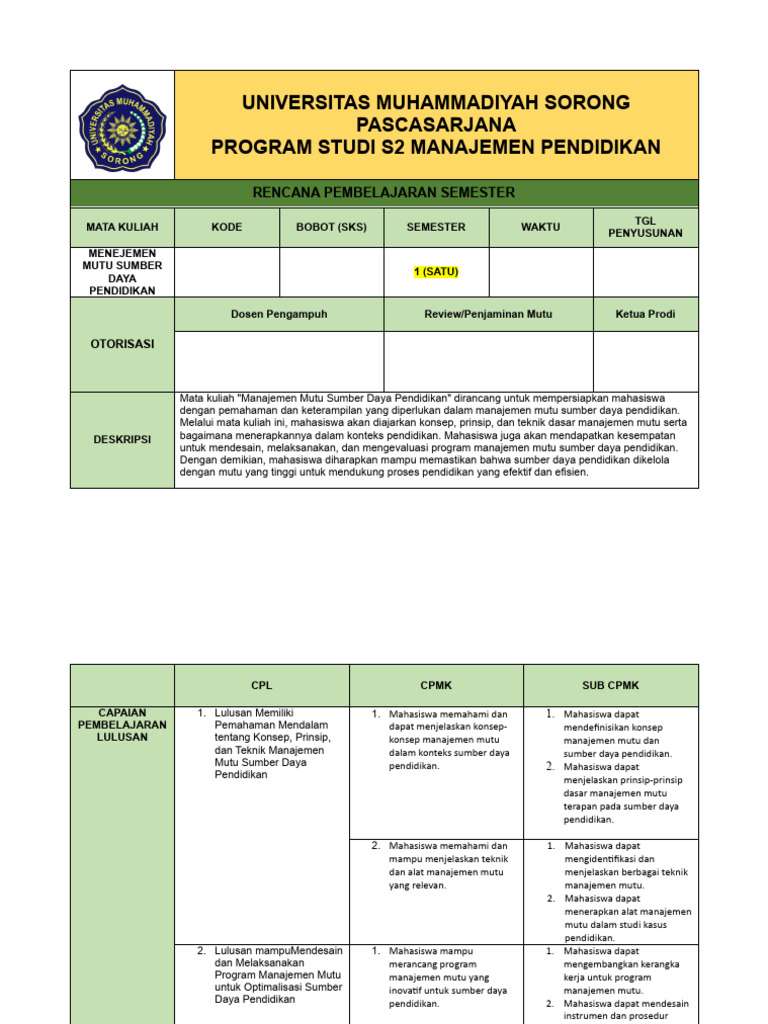 RPS MK Menejemen Mutu Sumber Daya Pendidikan | PDF | Karier & Perkembangan | Pengembangan Diri