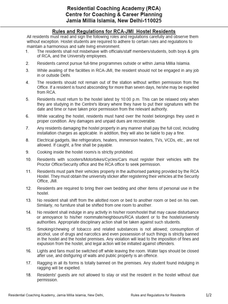 RCA-JMI Hostel Resident Rules Guide | PDF | Justice | Crime & Violence