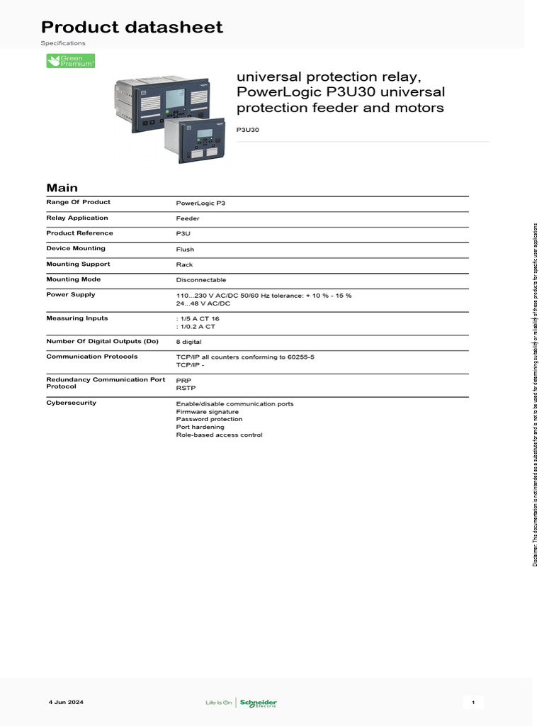 PowerLogic P3U30 Relay Specs Guide | PDF | Relay | Sustainability