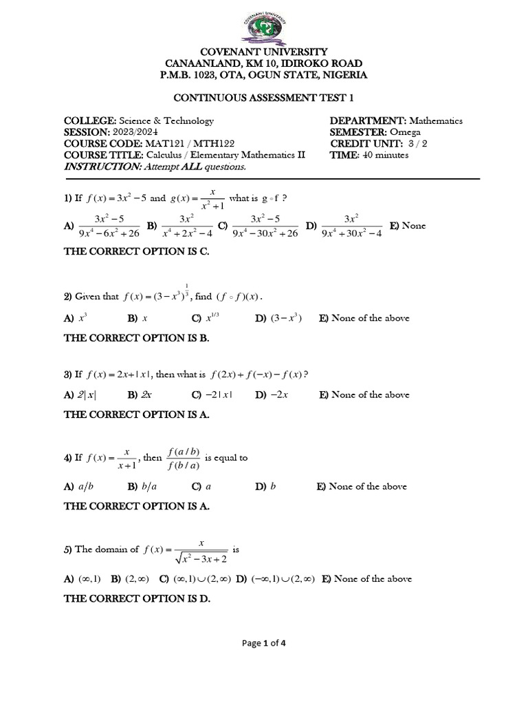 Mat121 2324 Ca Test 1 - Answer Key | PDF | Tangent | Differential Calculus
