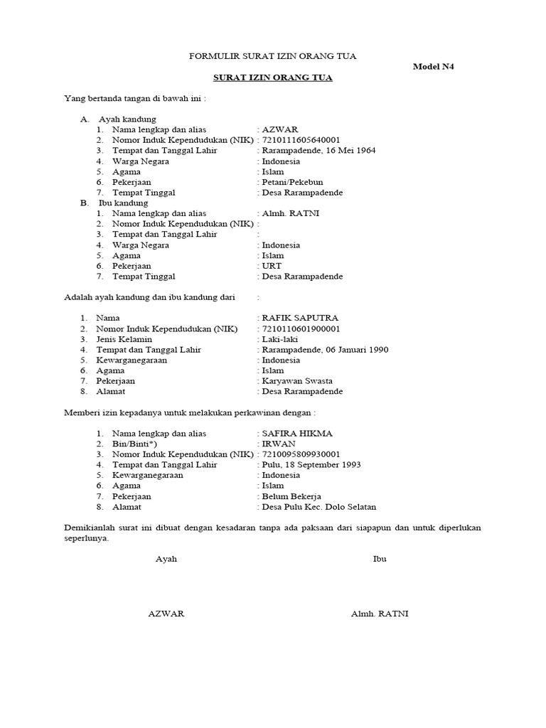 Formulir Surat Izin Orang Tua N4 | PDF