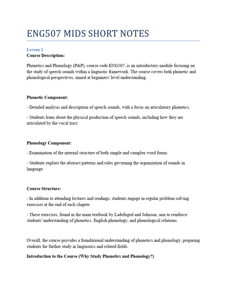 Eng507 Mids Short Notes | Download Free PDF | Phonetics | Phonology