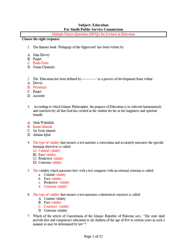 Mcqs SPSC HM | PDF | Educational Assessment | Sampling (Statistics) Mcqs SPSC HM | PDF | Educational Assessment | Sampling (Statistics)