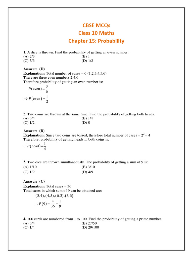 Cbse Class 10 Maths Chapter 15 Mcqs | PDF | Odds | Probability