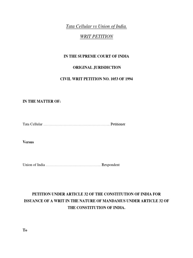 Writ Petition - Tata Cellular Vs UOI. Draft Sample | PDF | Writ | Mandamus