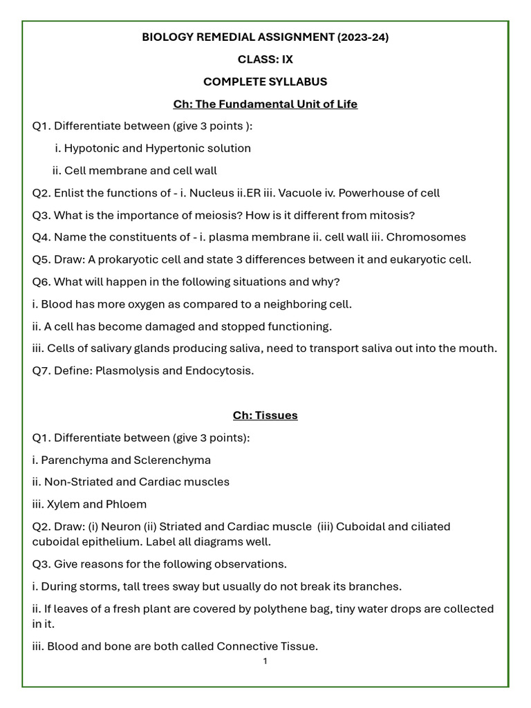 9th Remedial Assignment BIOLOGY | PDF | Tissue (Biology) | Cell (Biology)