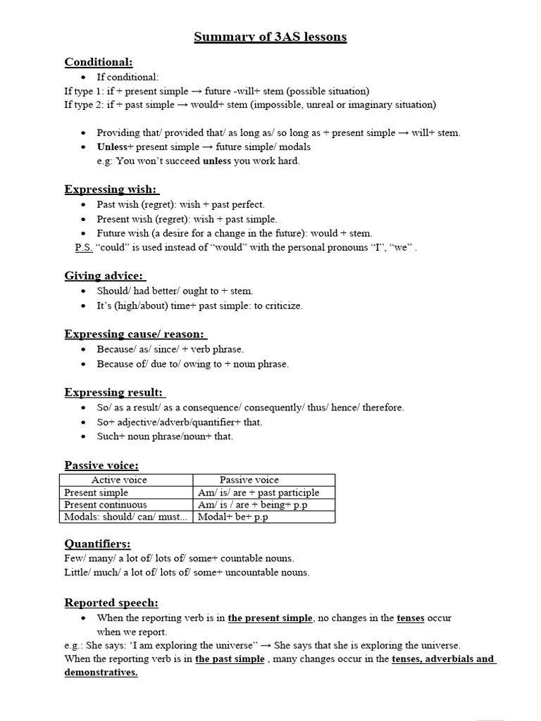 Summary of 3AS Lessons 2024 | Download Free PDF | Verb | Adjective