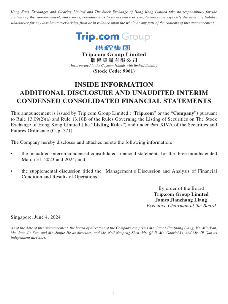 Inside Information Additional Disclosure and Unaudited Interim ...