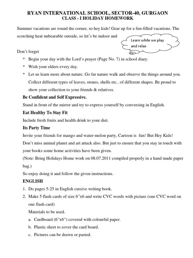 Ryan International School, Sector-40, Gurgaon: Class - I Holiday ...