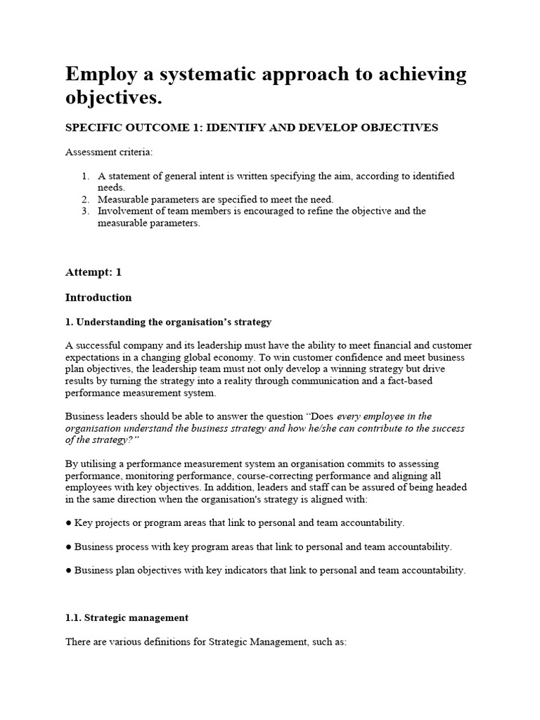 Employ A Systematic Approach To Achieving Objectives | PDF | Strategic ...