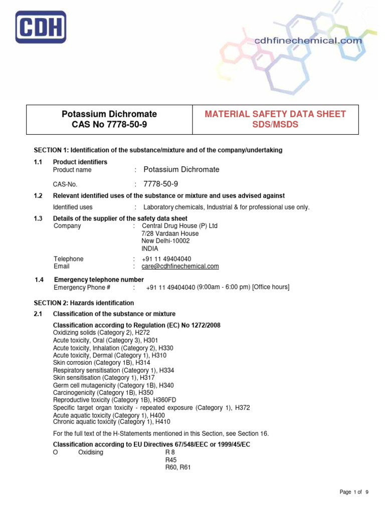Potassium Dichromate CASNO 7778-50-9 MSDS | Download Free PDF | Toxicity | Occupational Safety ...