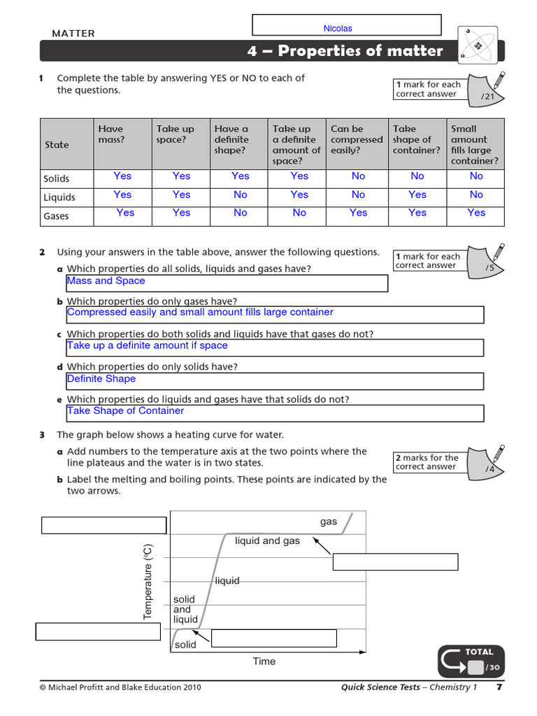 Chemistry Properties of Matter Test | PDF | Liquids | Gases