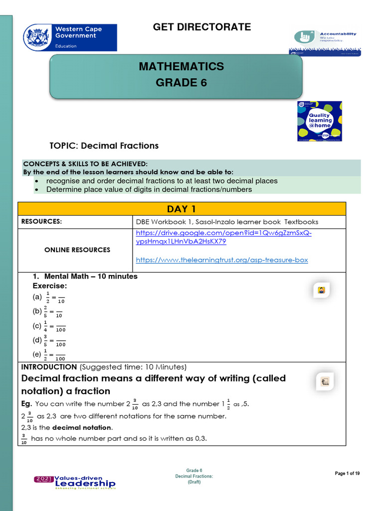 Lesson Plan Gr. 6 Mathematics Term 2 Week 7 Decimal Fractions Lesson 1 ...