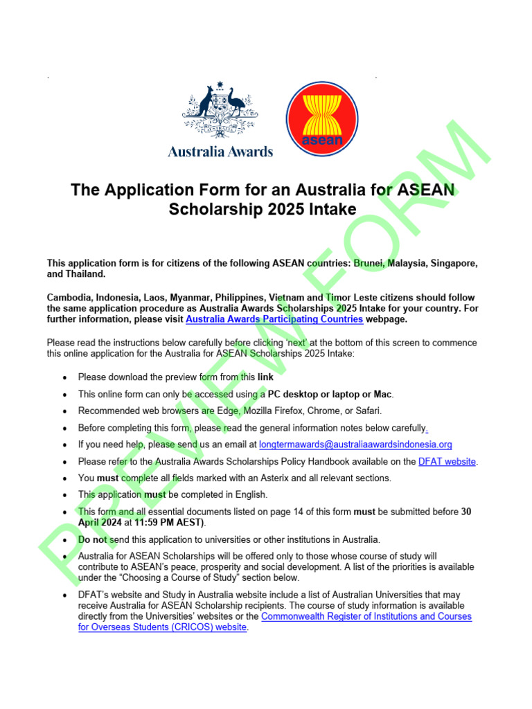 Preview Form_Australia for ASEAN Scholarship 2025 Intake | PDF ...