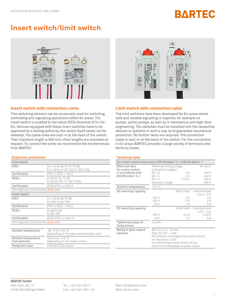 Data Sheet Insert Switch Limit Switch en | PDF | Switch | Alternating ...