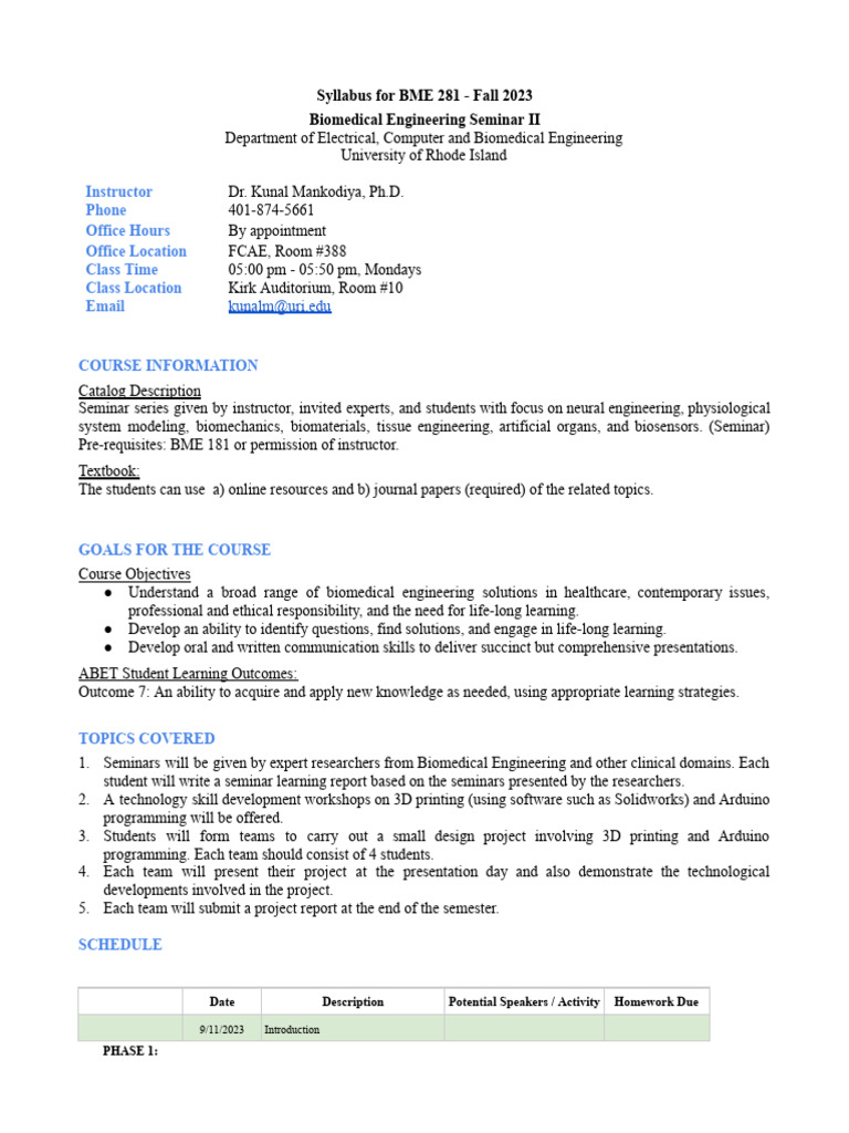 BME 281 Syllabus Fall 2023 | PDF | Biomedical Engineering | Engineering