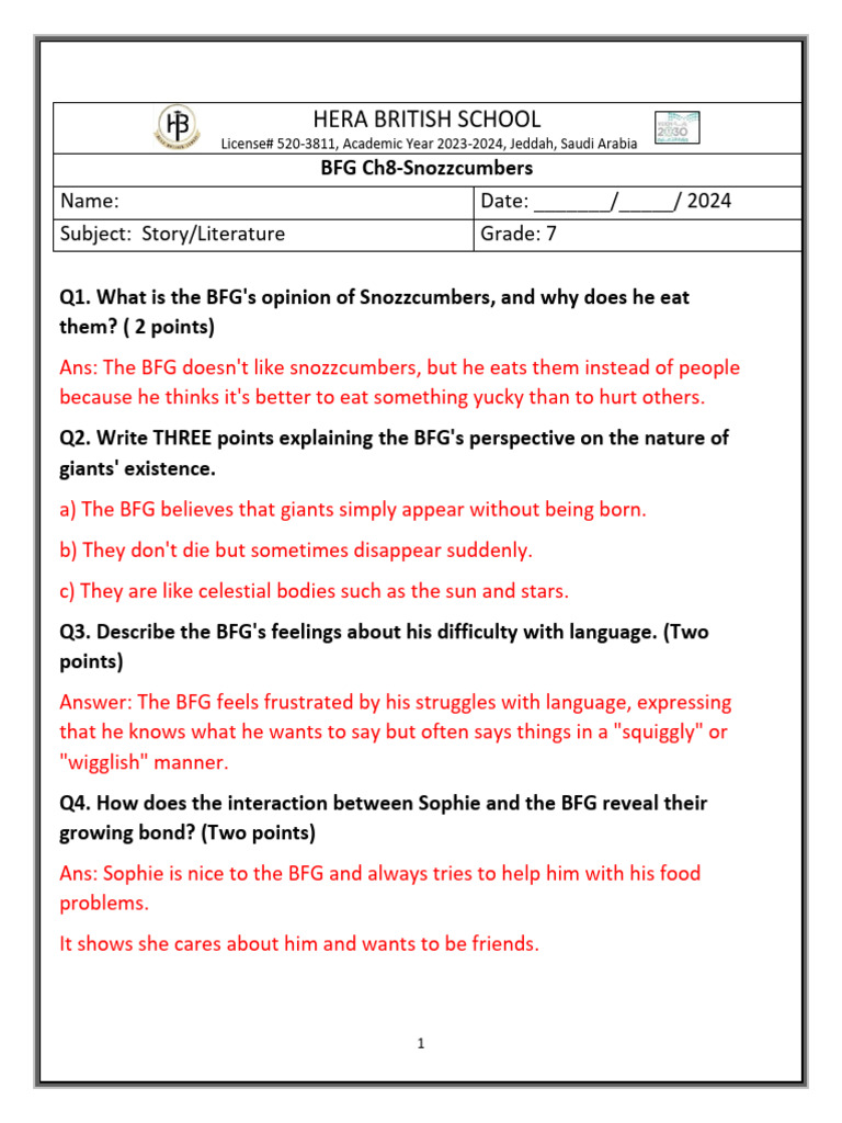 Gr7 BFG Ch8-Snozzcumbers Questions and Answers | PDF | Taste