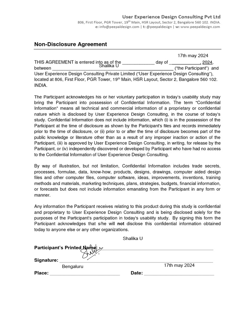 Shalika R057 Participant NDA - UXDConsulting 2024 | PDF | Non ...