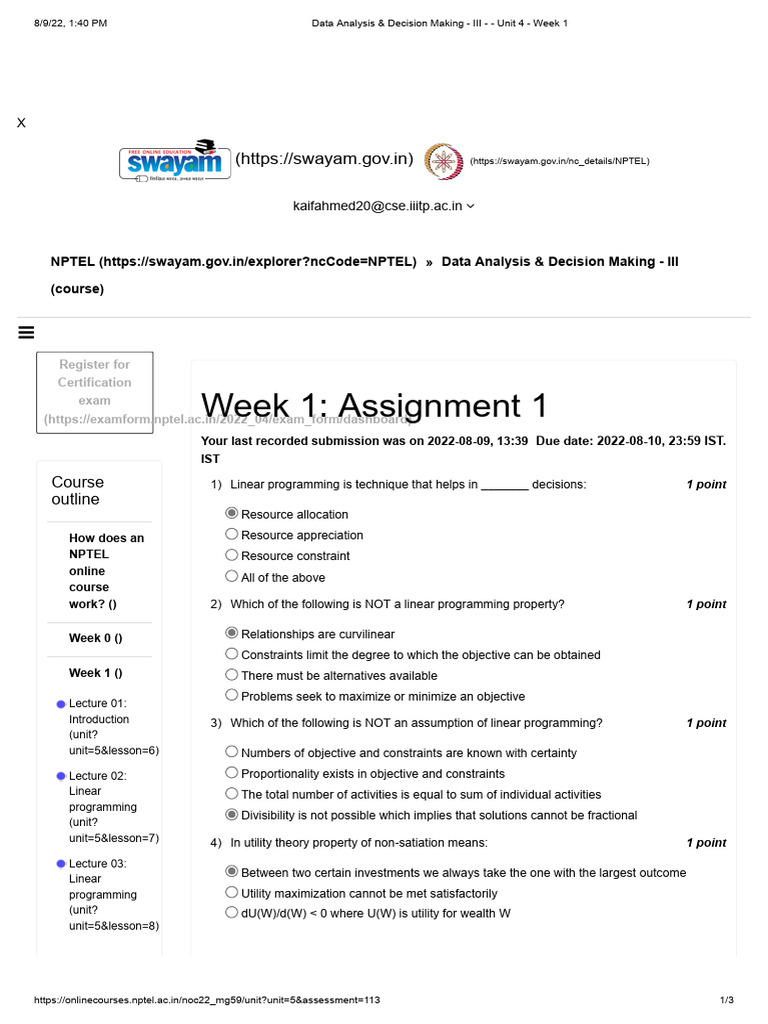 Data Analysis & Decision Making - III - Unit 4 - Week 1 | PDF | Risk Aversion | Linear Programming