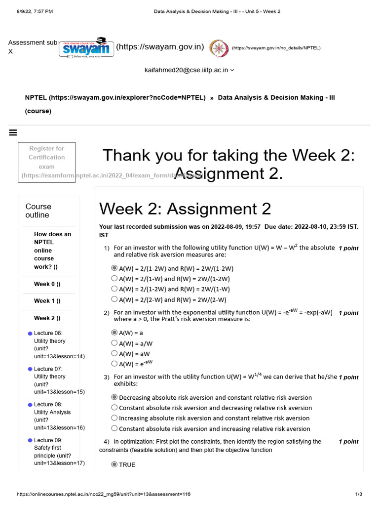 Data Analysis & Decision Making - III - Unit 5 - Week 2 (Incomplete) | PDF | Risk Aversion | Risk