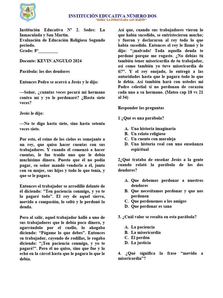 Evaluacion de Religion Grado Octavo Segundo Periodo 2024 | PDF | Jesús ...