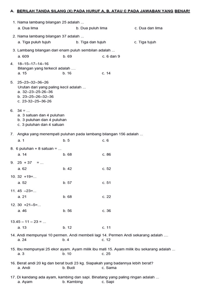 Soal PAT Matematika Kelas 1 K2013 | PDF | Metode & Bahan Ajar