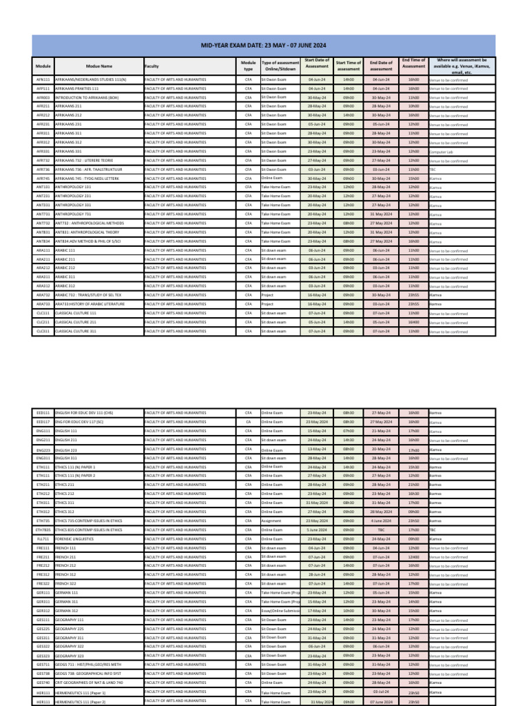 Mid-Year Exam Schedule 2024 | PDF | Physical Therapy | Dentistry