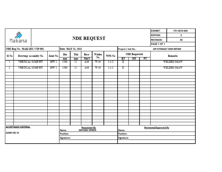F31-0010-000 Nde Request | PDF