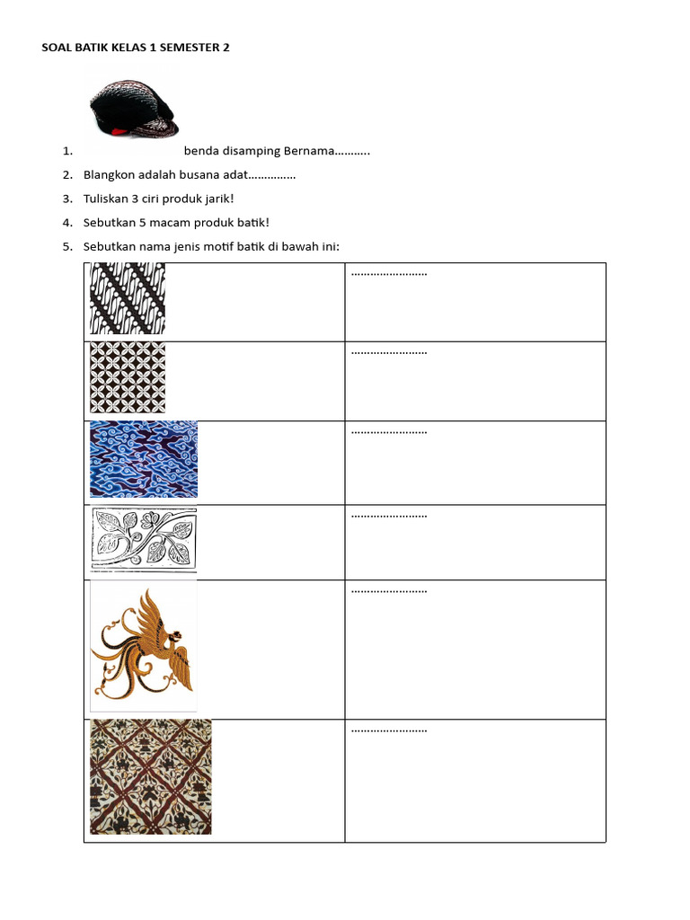 Soal Batik Kelas 1 Semester 2 | PDF | Griya & Taman