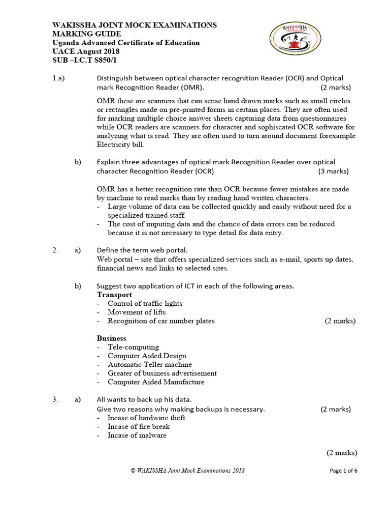 2018 - S6 WAKISSHA Mock Sub ICT P1 | PDF | Optical Character ...