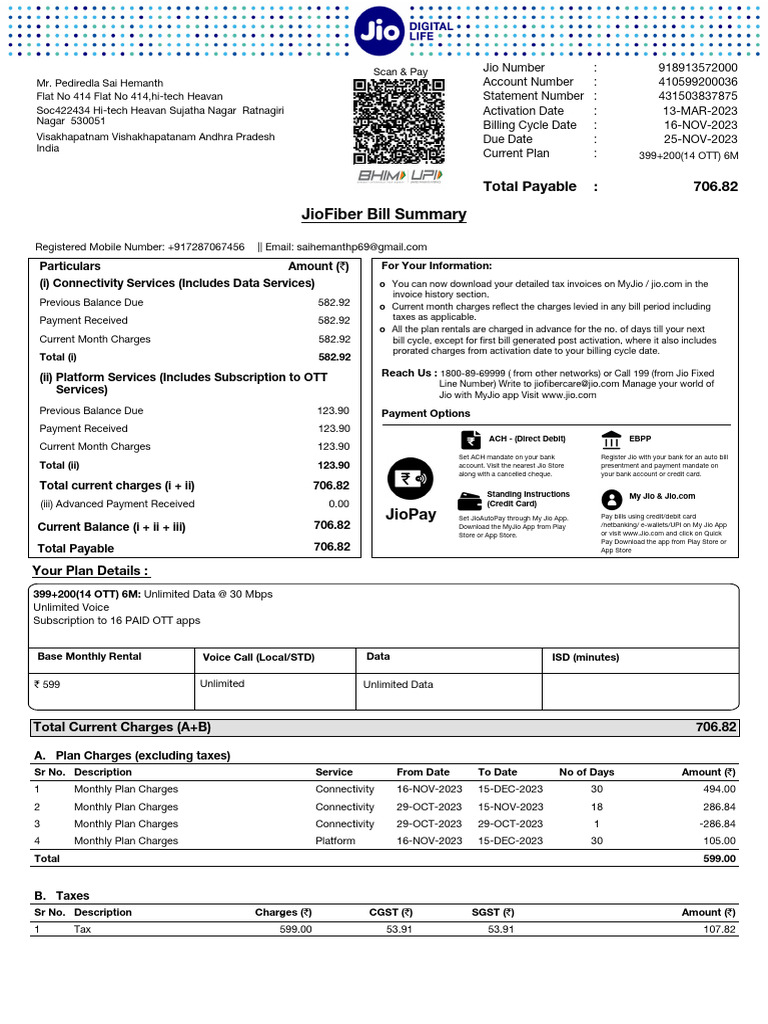 JioFiber Bill Summary for Mr. Hemanth | PDF | Payments | Credit Card