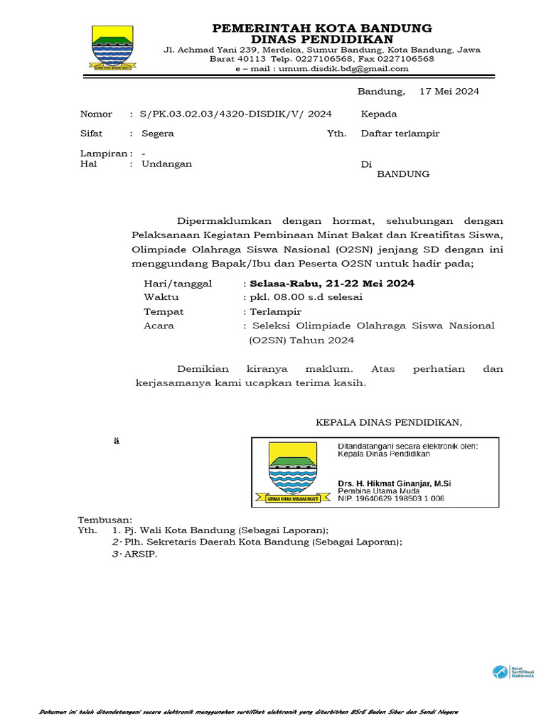 Surat Undangan Kegiatan O2SN 2024 - Revisi1 | PDF