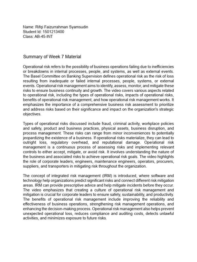Week 7 Summary Risk Analysis | PDF | Operational Risk | Risk Management
