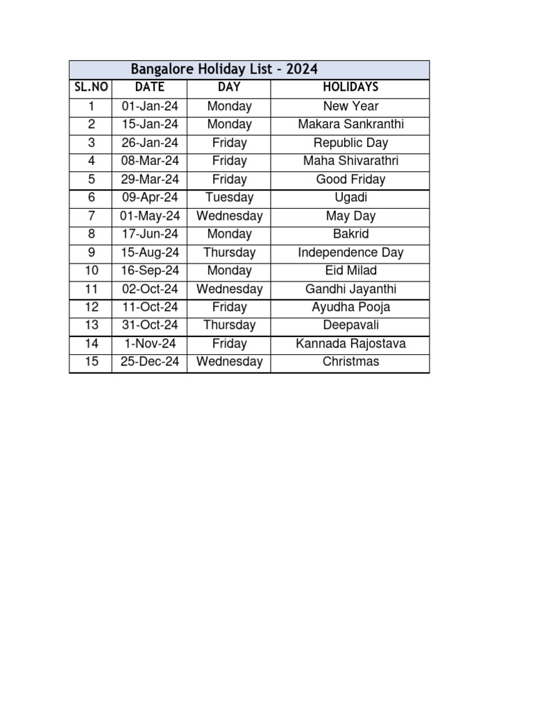 Bangalore 2024 Holiday Schedule | PDF | Religion & Spirituality