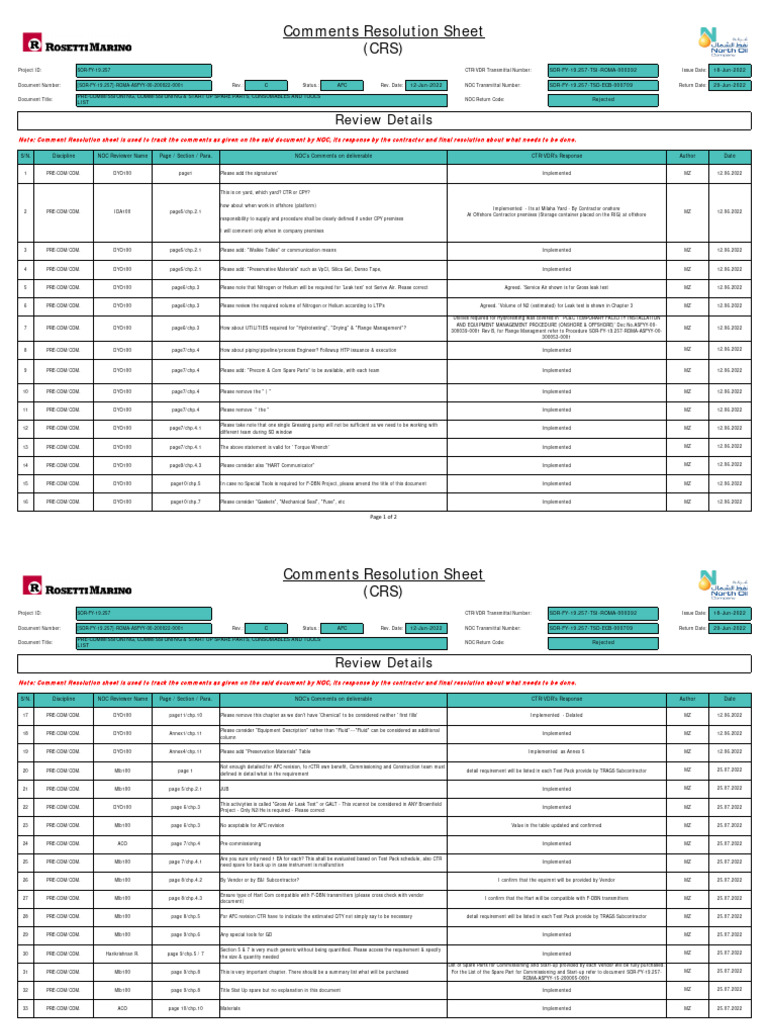 Comment Resolution Sheet for Pre-Commissioning | PDF | Pump