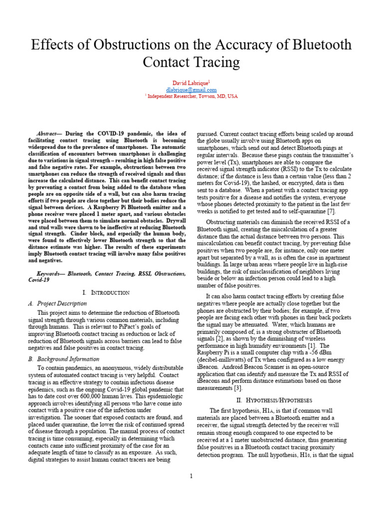 Bluetooth Signal Obstructions in Contact Tracing | PDF | Technology & Engineering
