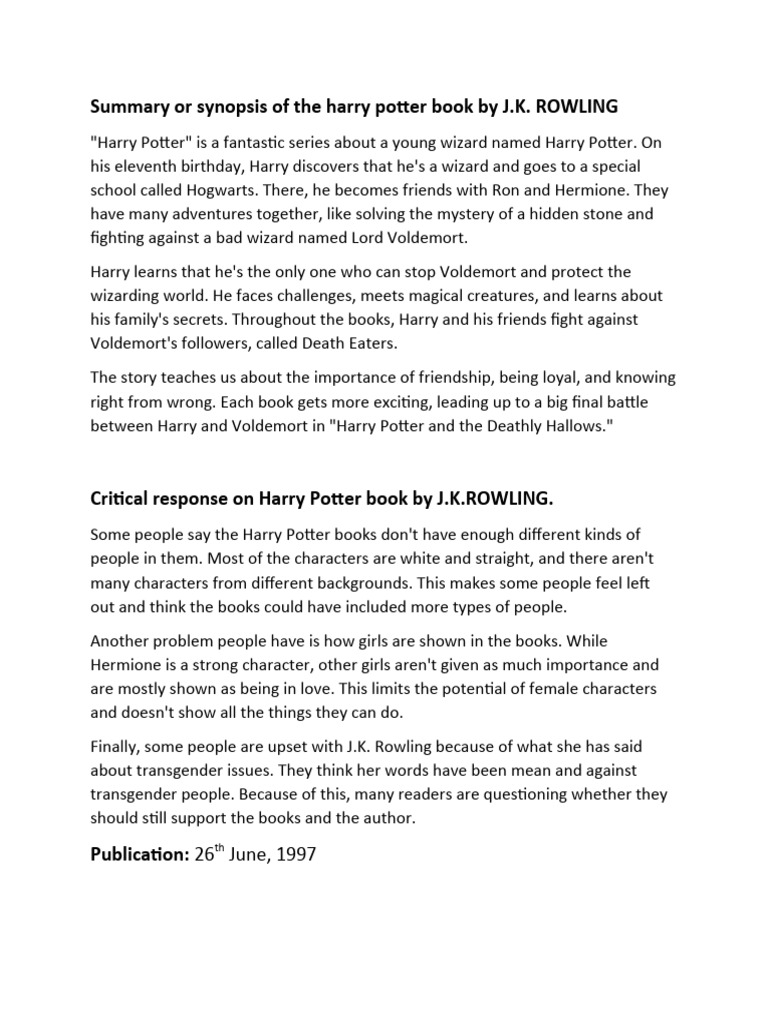 Harry Potter Book Summary & Critique | PDF