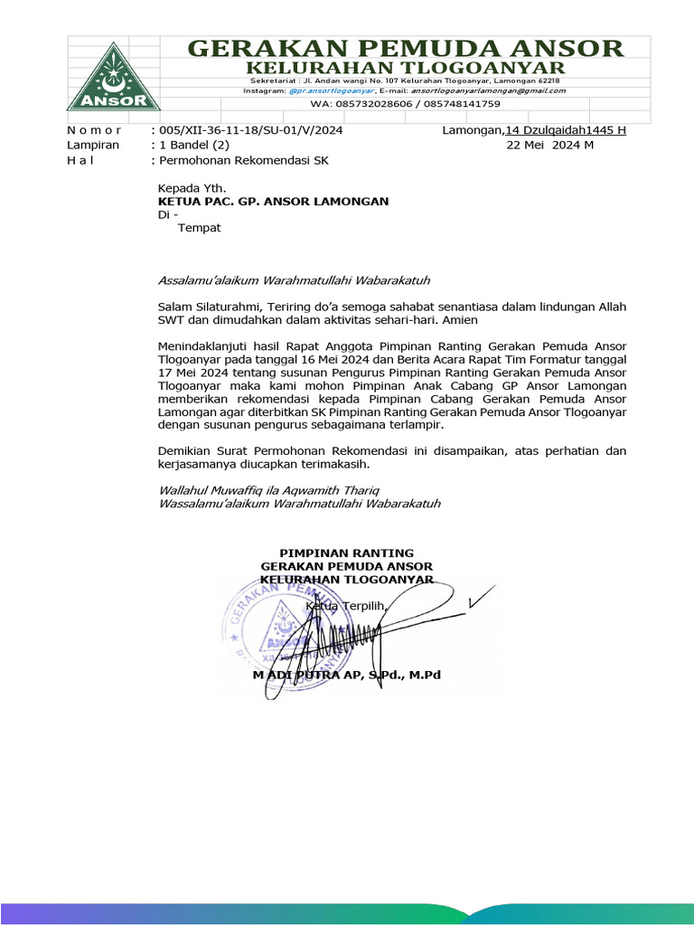 Permohonan Rekomendasi Pengesahan PC GP Ansor | PDF