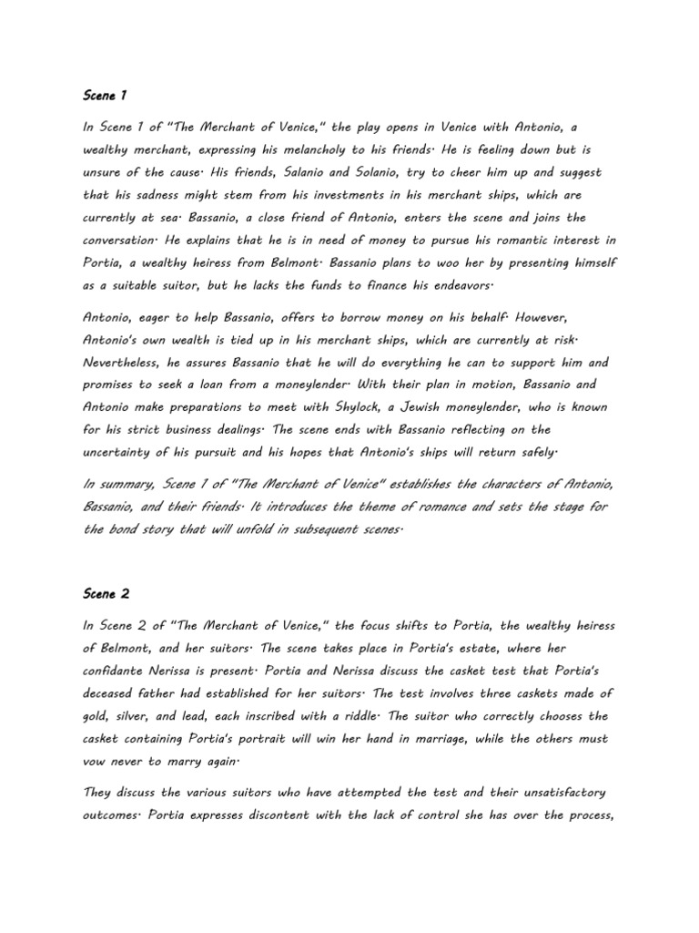 Scene 1, 2, 3 Summary | PDF | The Merchant Of Venice | Shakespearean ...