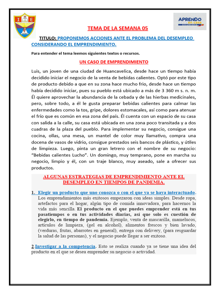 Tema de La Semana 05 DPCC 1° | PDF | Iniciativa empresarial