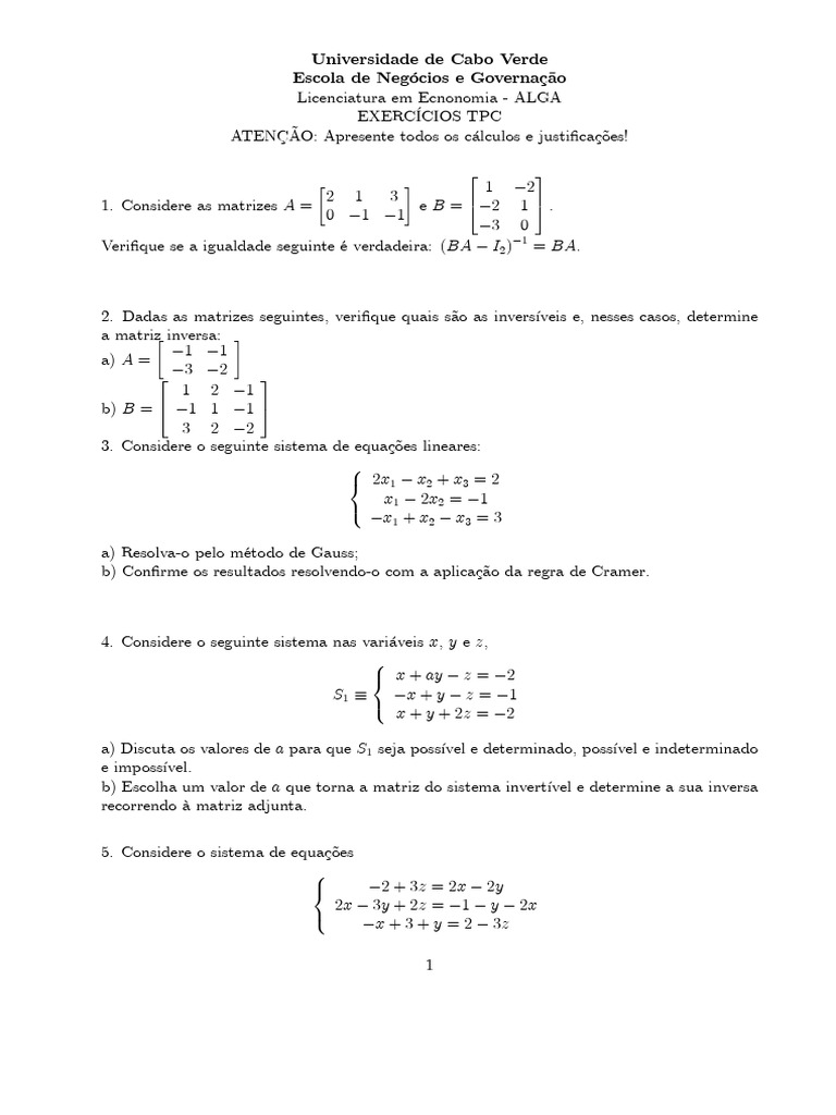 Exercícios de Matrizes e Sistemas Lineares | PDF | Sistema de equações ...
