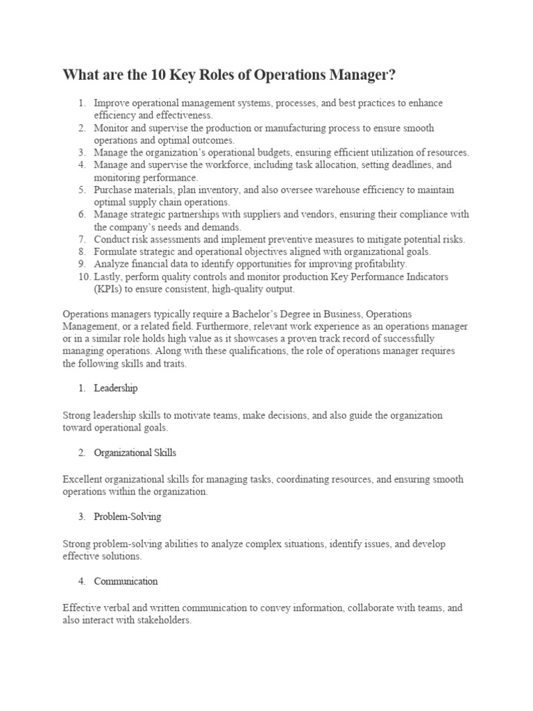 What Are The 10 Key Roles of Operations Manager | PDF | Leadership ...