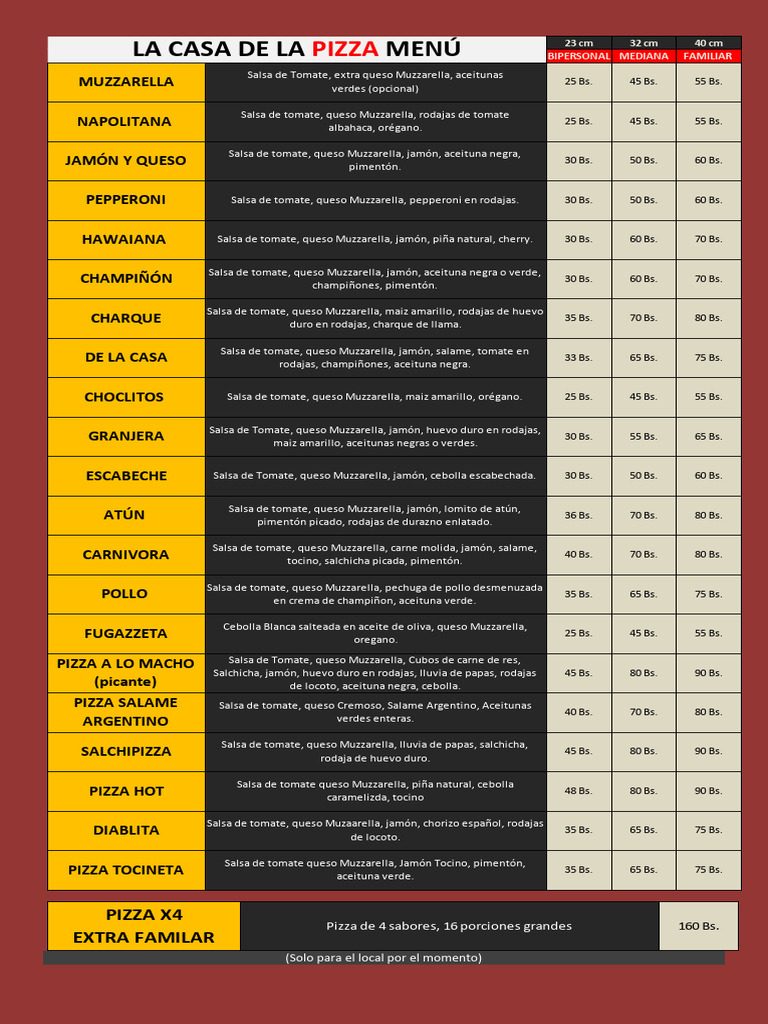 Menú de Pizzas Variadas y Precios | PDF | Pizza | Tocino
