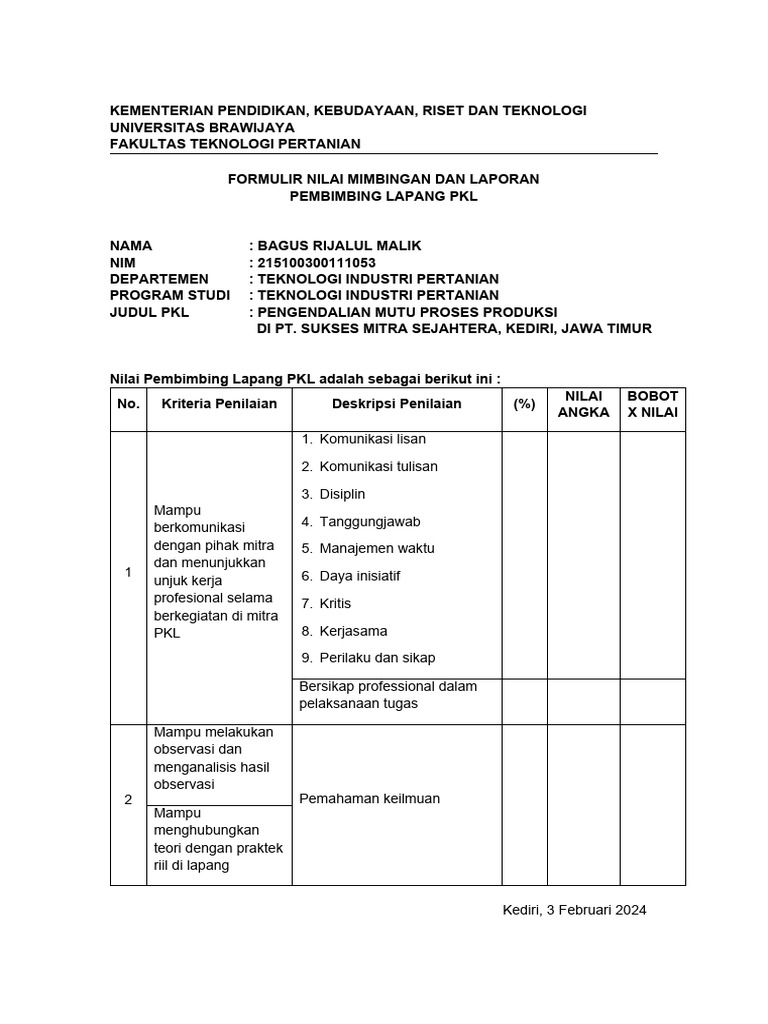 Formulir Penilaian PKL | PDF